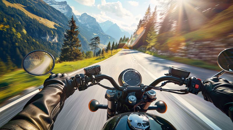 A Dynamic Shot of a Man Riding a Motorcycle at High Speed on a Winding ...