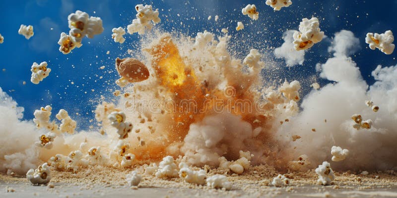 Explosion of Popcorn Against a Blue Sky with a Peanut Mid Air and a ...