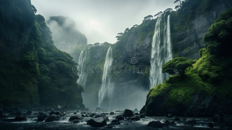.a Dynamic Shot of a Powerful Waterfall Cascading Down Rugged Cliffs ...