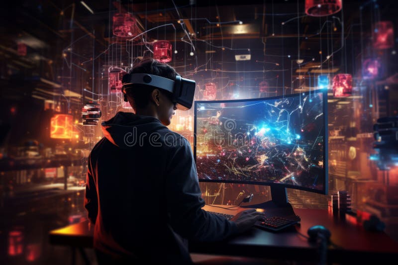Dynamic Shot of Programmer in Virtual Reality Coding Stock Illustration - Illustration of ...