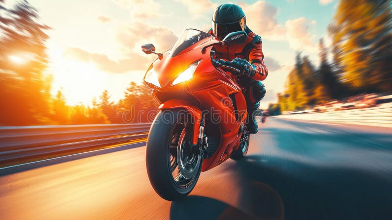 Dynamic Shot of a Red Motorcycle Racing Down a Road at Sunset, Creating ...