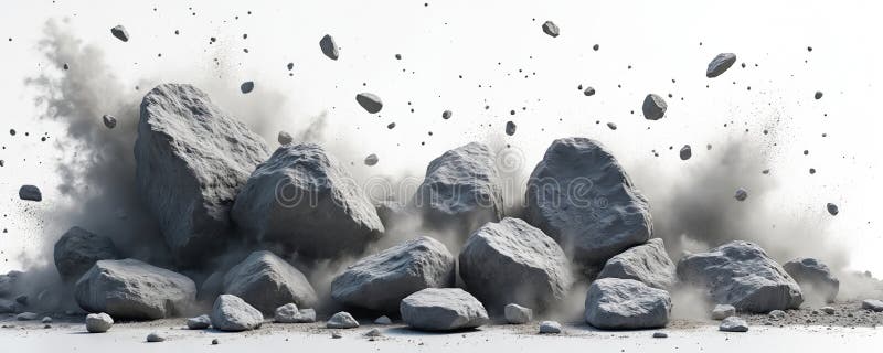 Dynamic Shot of Rocks Falling, Surrounded by Dust. Stone Avalanche ...