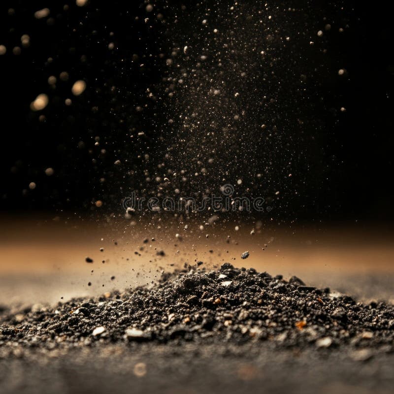 Dynamic Shot of Soil Particles in Motion Against Dark Background Stock ...