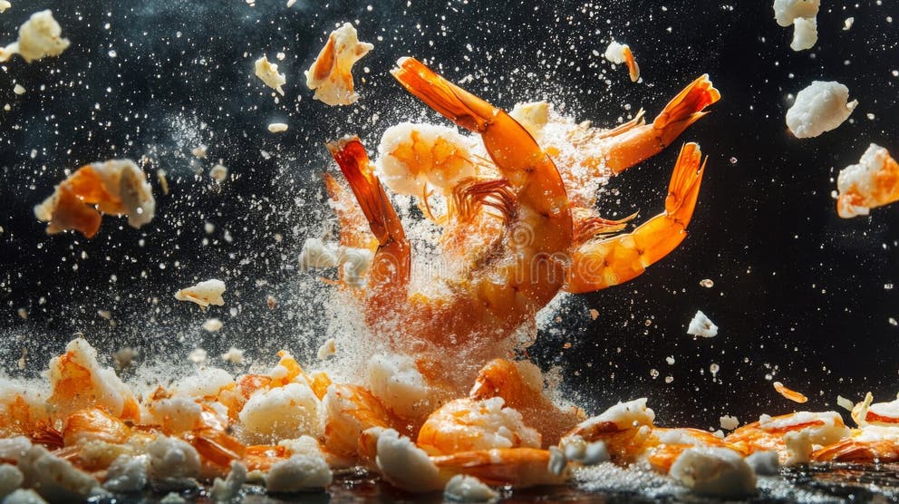 Dynamic Shrimp Splash: Cooking Seafood in Dark Setting Stock ...