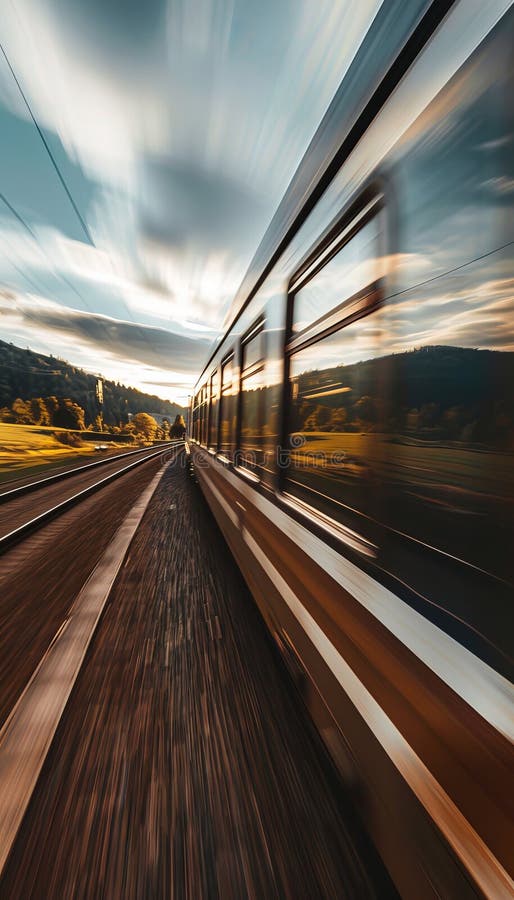 Dynamic Side View of a Swiftly Moving Train with Motion Blur Landscape ...