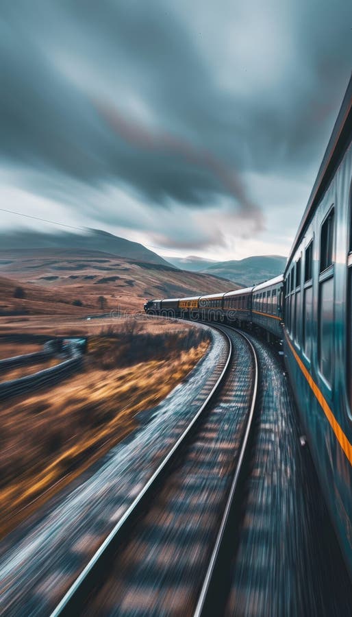 Dynamic Side View of a Train in Motion, Capturing the Landscape with a ...