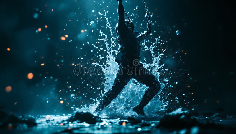 Dynamic Silhouette of a Person Dancing in Water Under Dramatic Blue ...