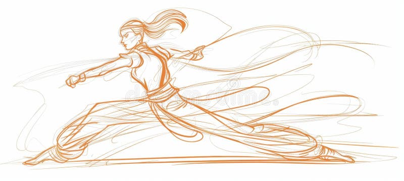 Dynamic Single-Line Drawing of Woman Practicing Martial Arts with ...