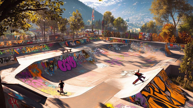 A Dynamic Skateboard Park with Graffiti-covered Ramps and Skaters in ...