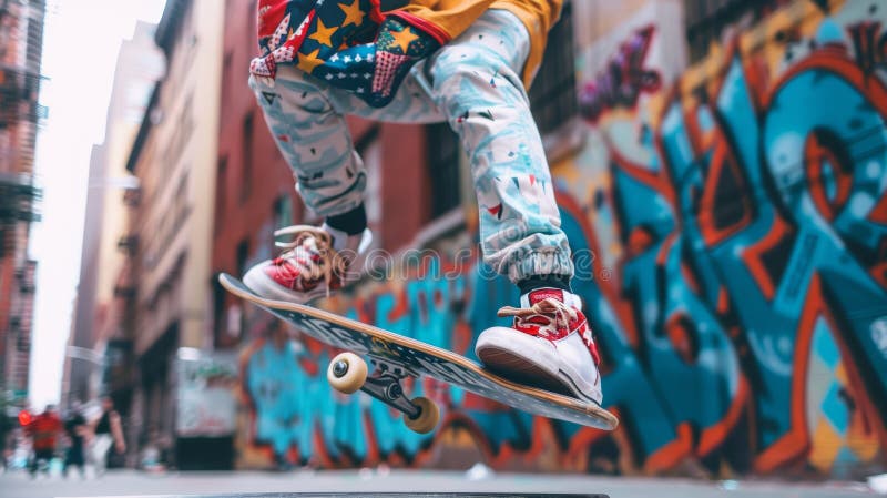 Dynamic Skateboarder in Urban Graffiti Setting Performing a Kickflip ...