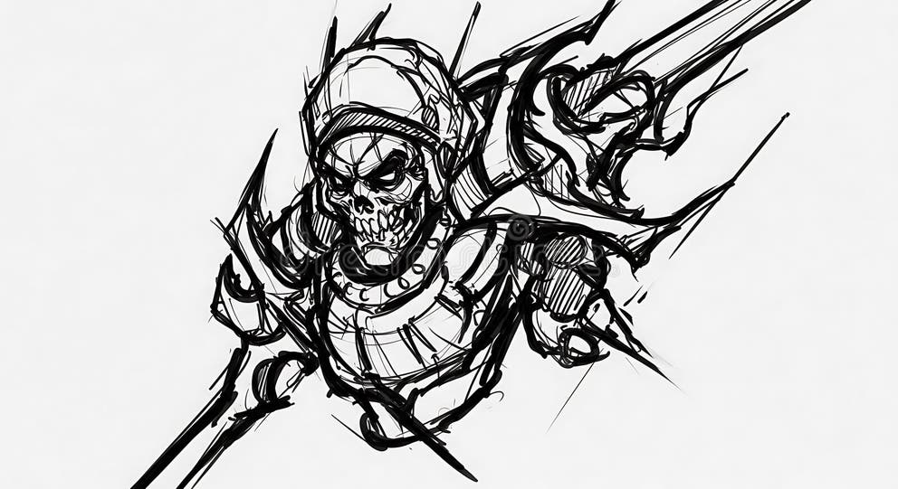 Dynamic Sketch of an Armored Skeleton Warrior Charging Forward ...
