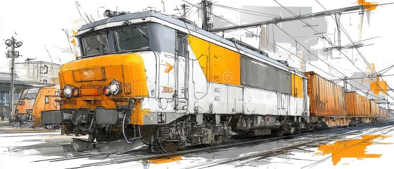 Striking Sketch of a French Orange and White Freight Train Stock ...