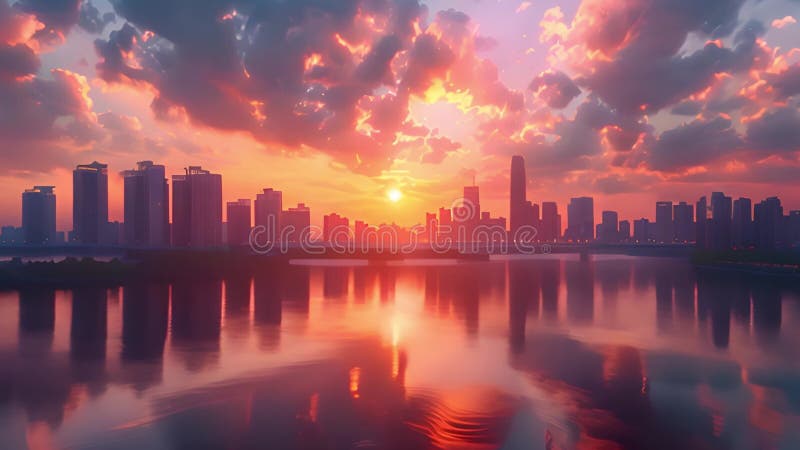 Dynamic Skyline: Cityscape Transforms Under the Setting Sun. Stock ...
