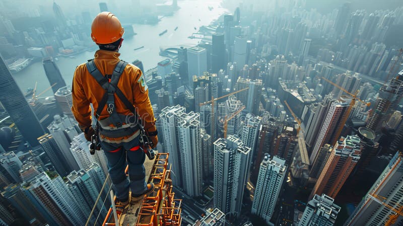 Dynamic Skyscraper Worker in Striking Pose Against Dramatic Cityscape ...