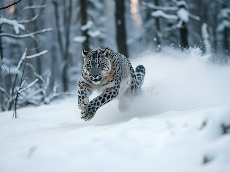 Dynamic Snow Leopard Sprinting through Snowy Mountain Terrain Stock ...