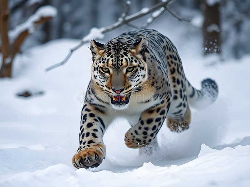 Dynamic Snow Leopard Sprinting through Snowy Mountain Terrain Stock ...