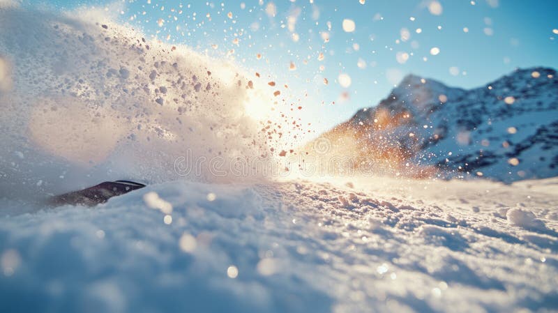 Dynamic Snow Spray with Mountain Backdrop in Winter Sunlight. Stock ...