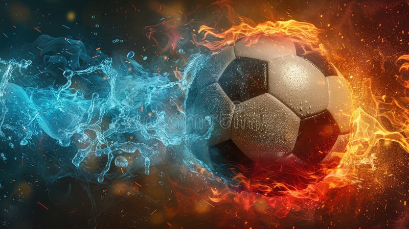 Dynamic Soccer Ball Engulfed in Stylized Flames and Ice, Symbolizing ...