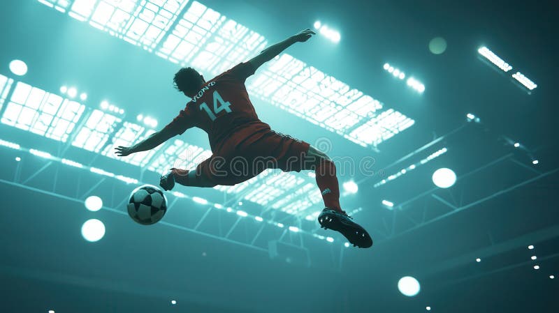 Dynamic Soccer Player Executes Bicycle Kick in Stadium Stock ...