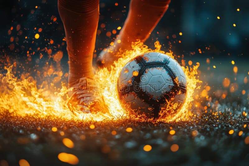 Dynamic Soccer Player Executing a Powerful Kick, Igniting Bright Flames ...