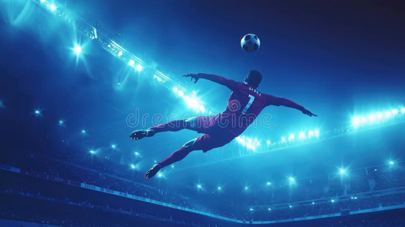 Dynamic Soccer Player Performing Bicycle Kick in Stadium Stock ...