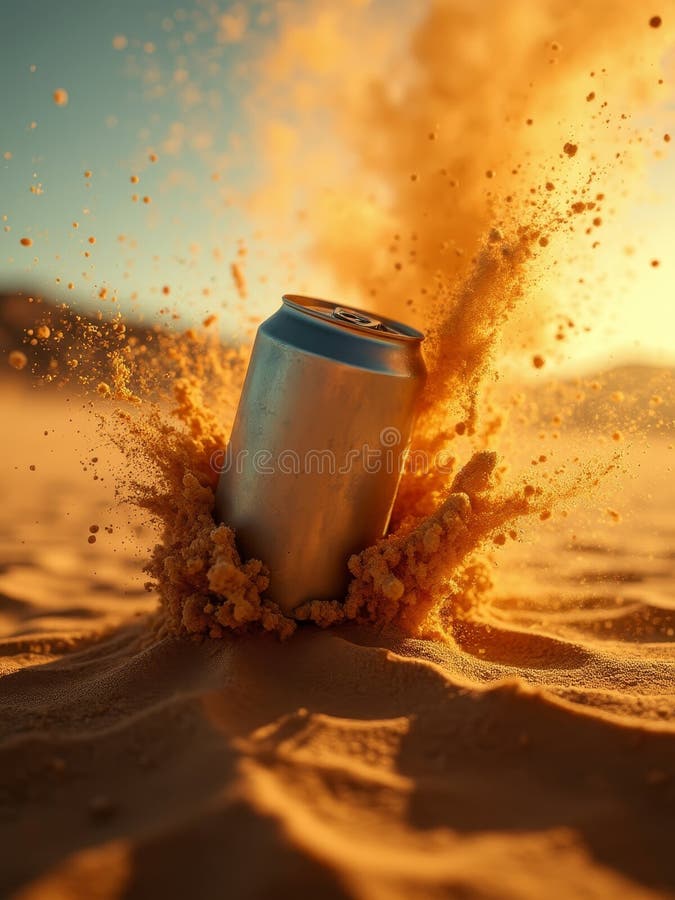 Dynamic Soda Can Splashing in Desert Sand at Sunset Stock Image - Image ...