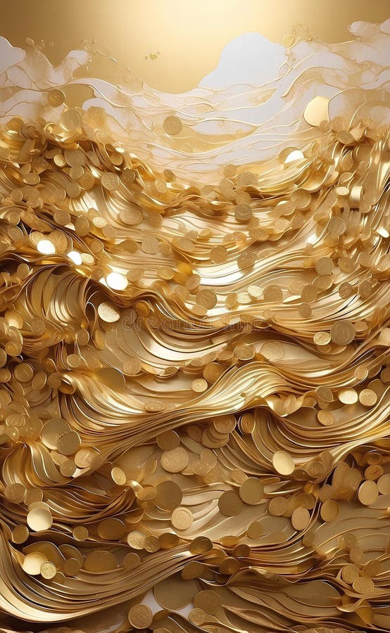 A Dynamic Softly Golden Waves with Golden Coins Stock Illustration ...