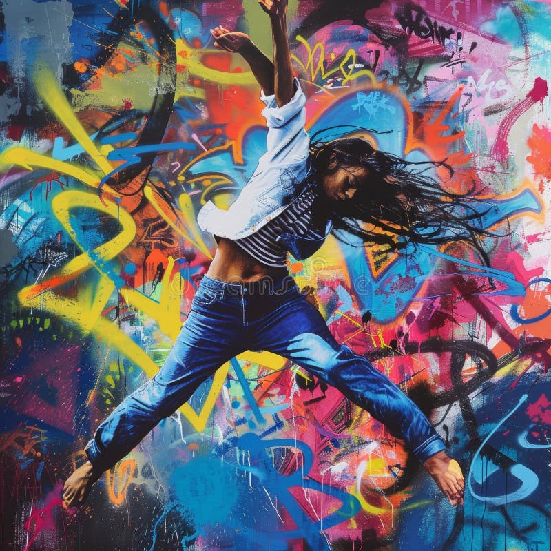 Dynamic Solo Dance Performance by Female Breakdancer in Colorful Graffiti Setting Stock ...