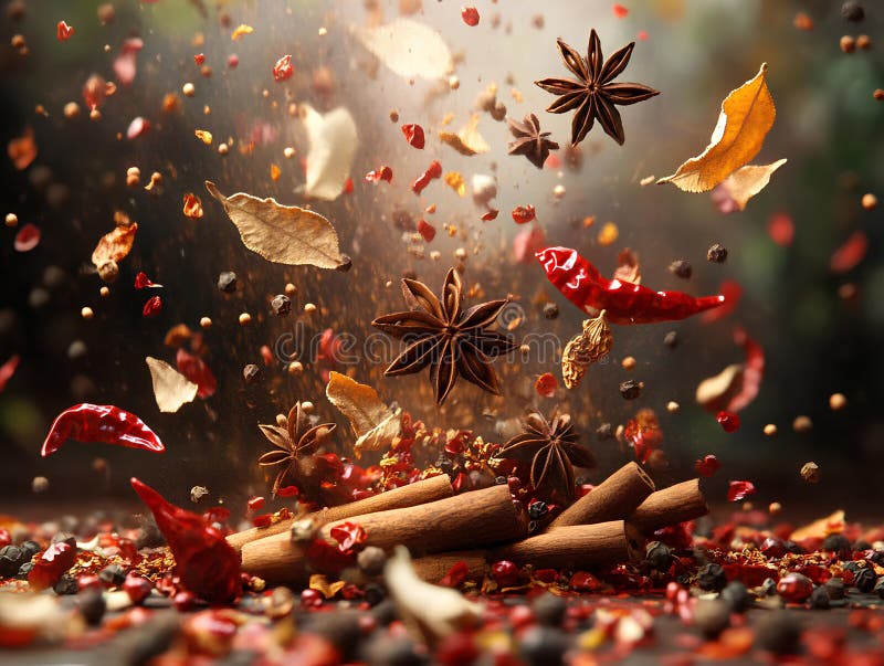 Dynamic Spices in Motion Red Chilies, Star Anise and Cinnamon Stock ...