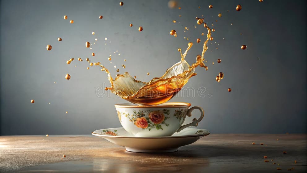 Dynamic Splash of Amber Liquid into Delicate Teacup. Generative AI ...