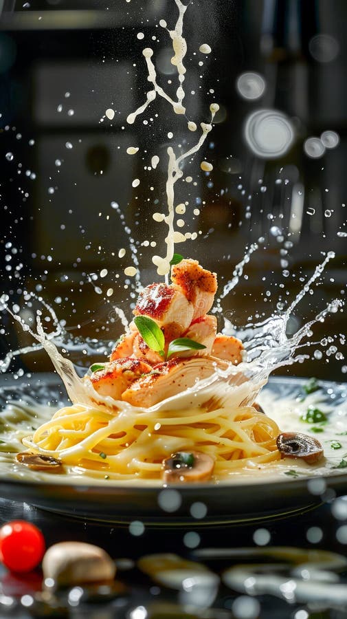 Dynamic Splash Around Gourmet Pasta with Shrimp and Basil on Elegant ...