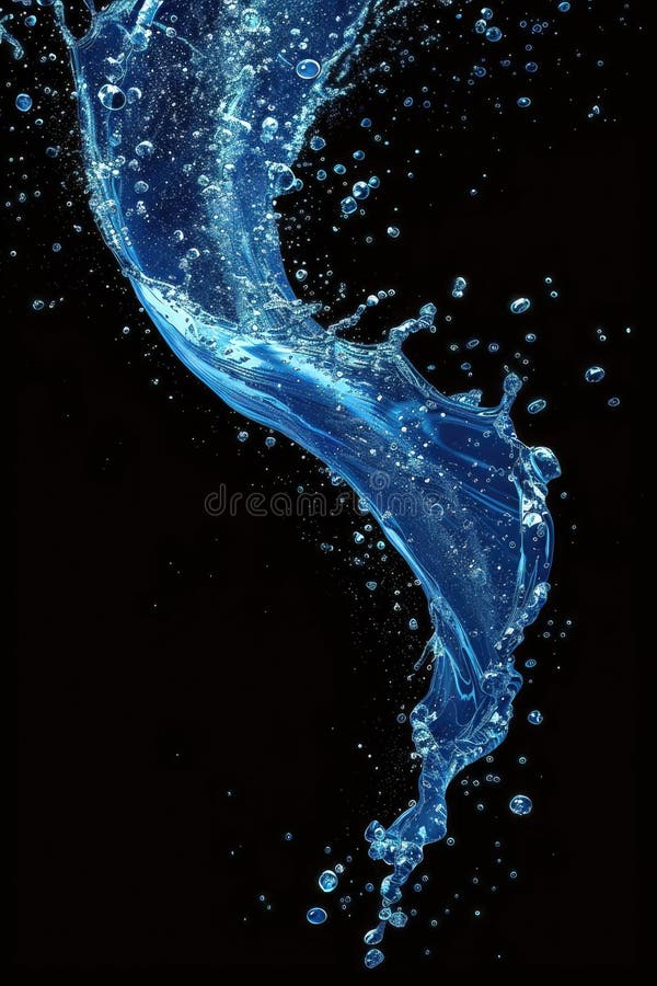 A Dynamic Splash of Blue Water with Bubbles Isolated on Black. Stock ...