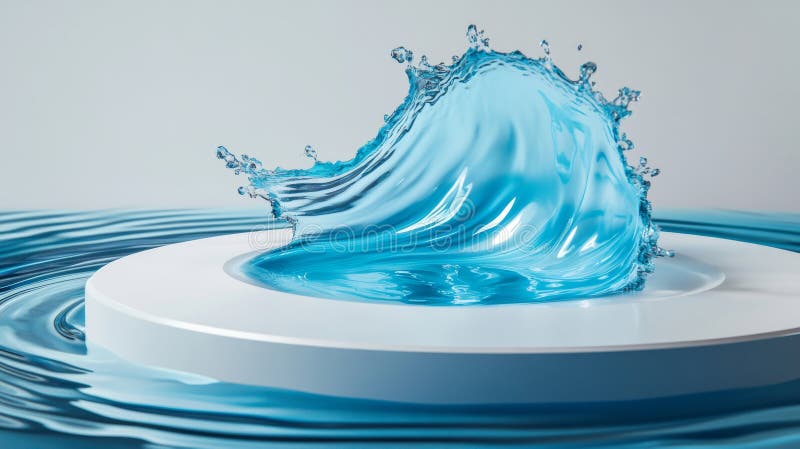 Dynamic Splash of Blue Water on a White Circular Platform in Studio ...