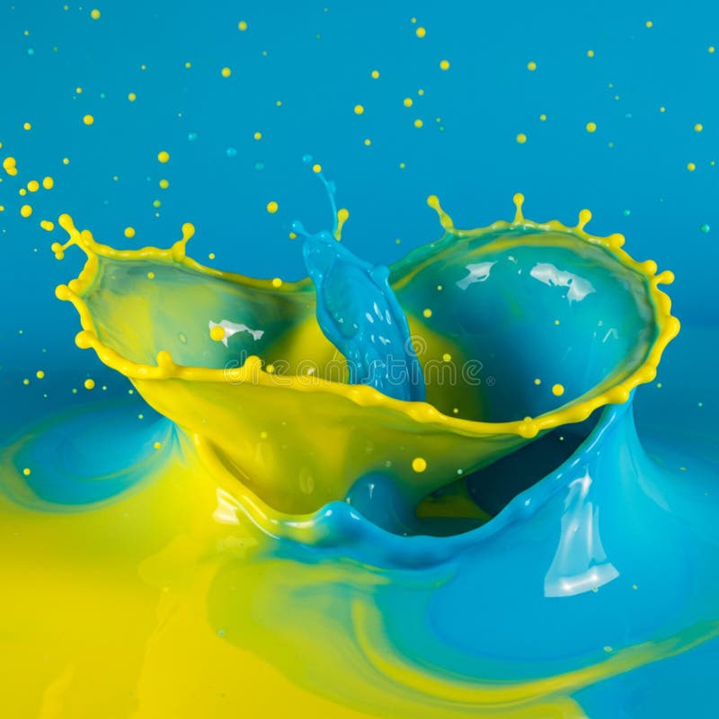 Dynamic Splash of Blue and Yellow Paint Colliding, Creating a Visually ...