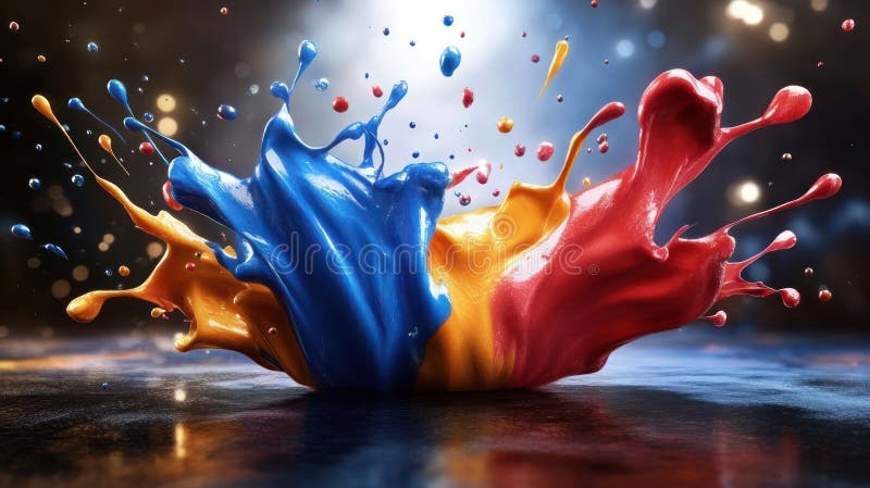 A Dynamic Splash of Blue, Yellow, and Red Paint Creating an Artistic ...
