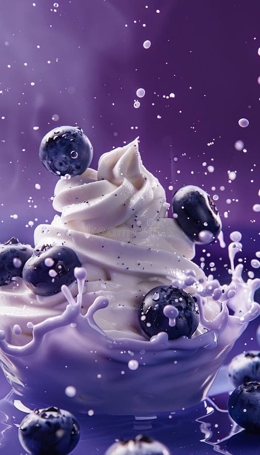 Dynamic Splash of Blueberry into Yogurt with Vibrant Purple Gradient ...
