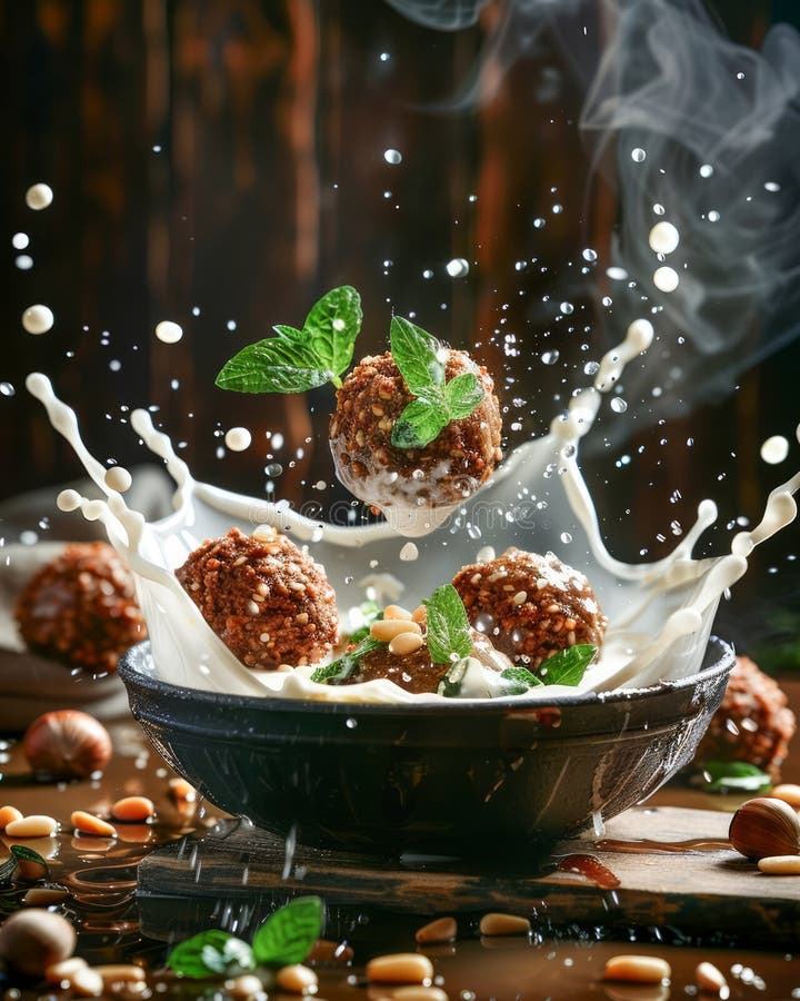 Dynamic Splash with Chocolate Balls and Milk in Bowl Surrounded by ...