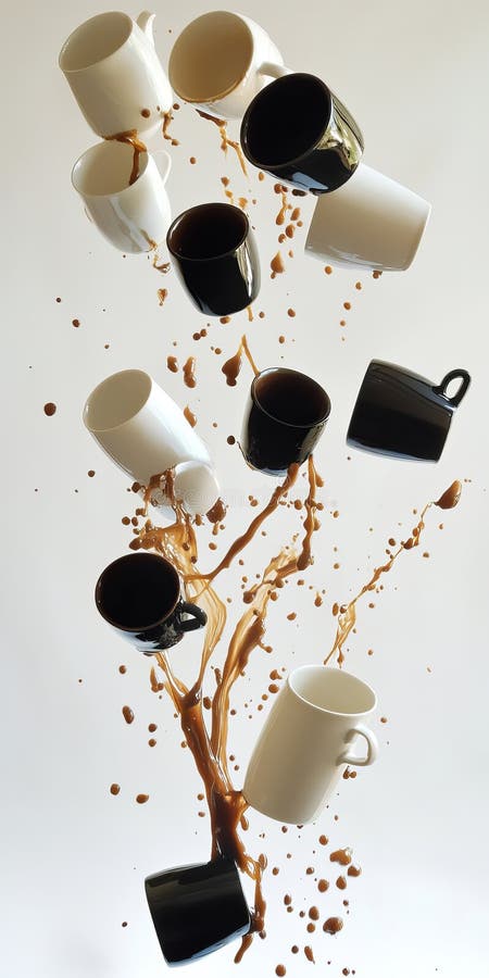 Dynamic Splash of Coffee from Falling Black and White Mugs Against a ...