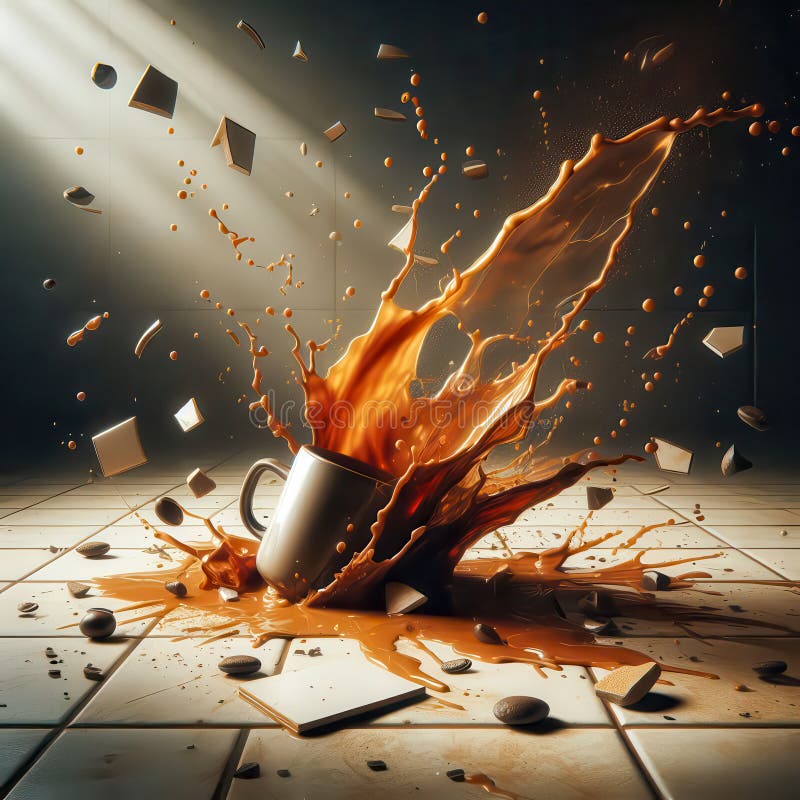 Dynamic Splash of Coffee from a Mug on a Tiled Surface Illuminated by ...