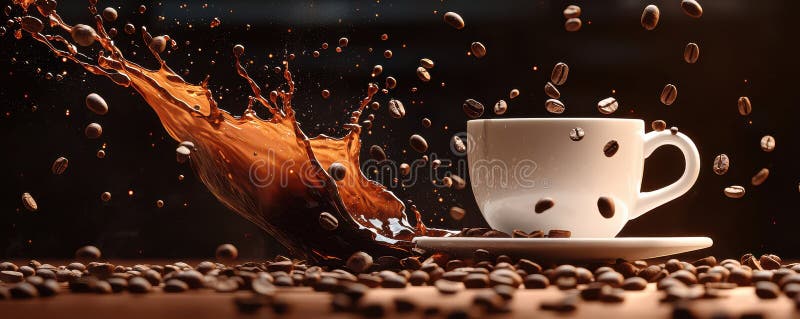 Dynamic Splash of Coffee from a White Cup Surrounded by Coffee Beans ...