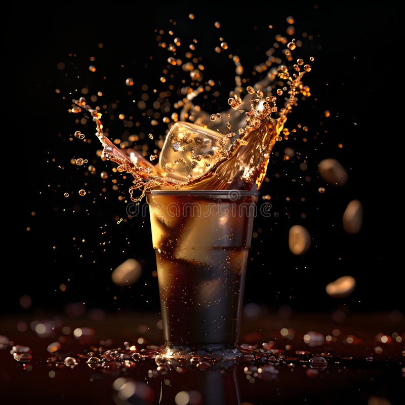 Dynamic Splash of a Cold Drink in a Dark Setting. Ice Cubes and Liquid ...