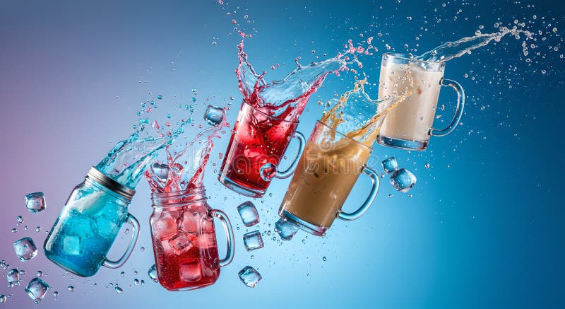 Dynamic Splash of Colorful Cold Drinks in Dramatic Diagonal Composition ...