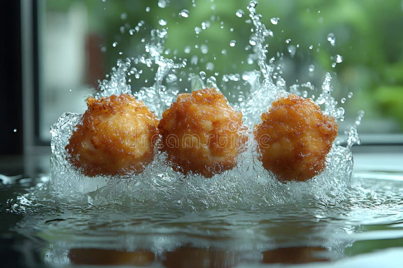 Dynamic Splash of Deep-Fried Food Balls in Water for Culinary Art ...