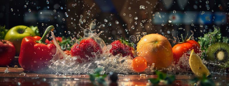Dynamic Splash of Fruits and Vegetables with Water Droplets Stock Image ...