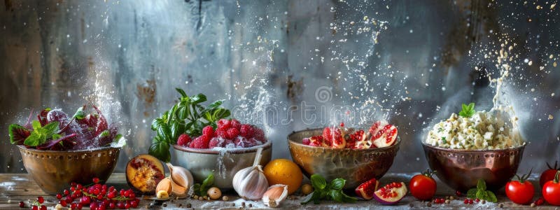 Dynamic Splash of Ingredients in Bowls with Fresh Herbs and Spices ...