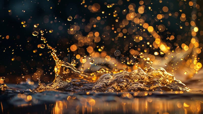 Dynamic Splash of Liquid with Golden Bokeh Highlights Stock Photo ...