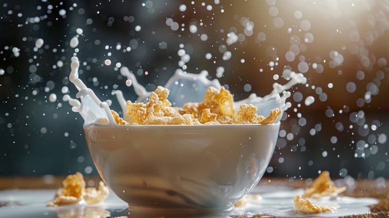 Dynamic Splash of Milk in a Bowl of Cornflakes, Well-lit Stock Image ...