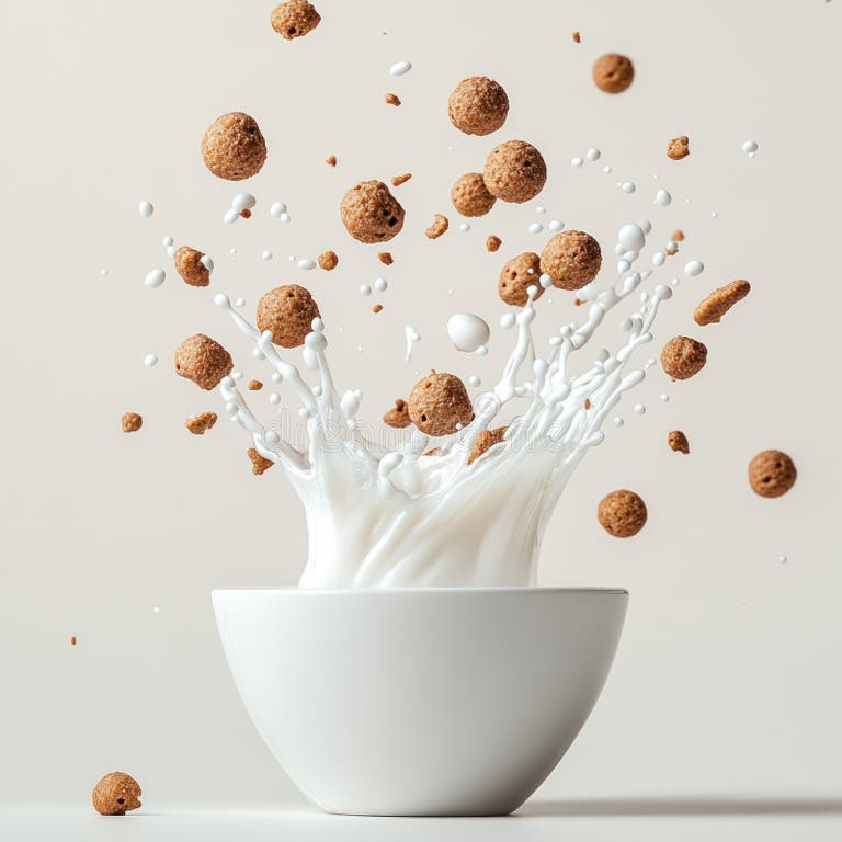 A Dynamic Splash of Milk with Cereal Pieces Creates an Exciting Scene ...