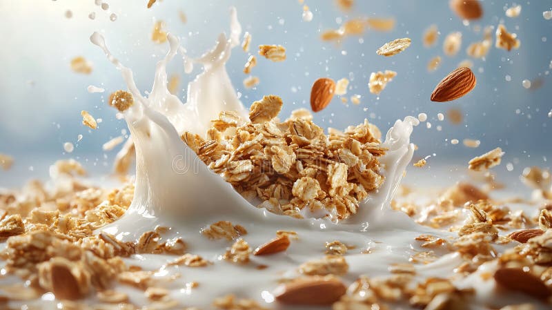 Dynamic Splash in Milk with Floating Oats and Almonds Stock ...