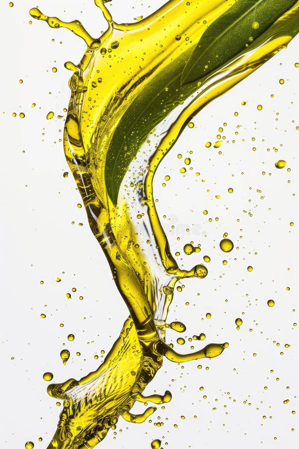 Dynamic Splash of Olive Oil with a Streaking Flow and Green Leaves on a ...